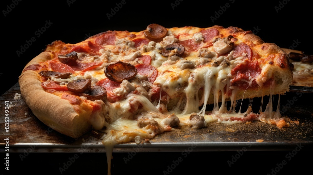 Photograph of a giant slice of pizza, overflowing with pepperoni ...