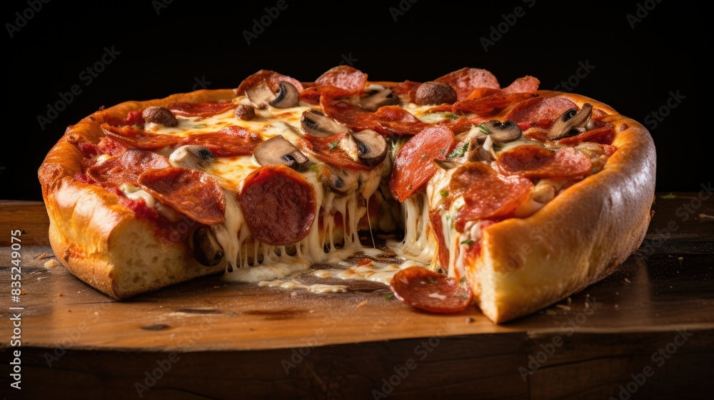 Photograph of a giant slice of pizza, overflowing with pepperoni ...