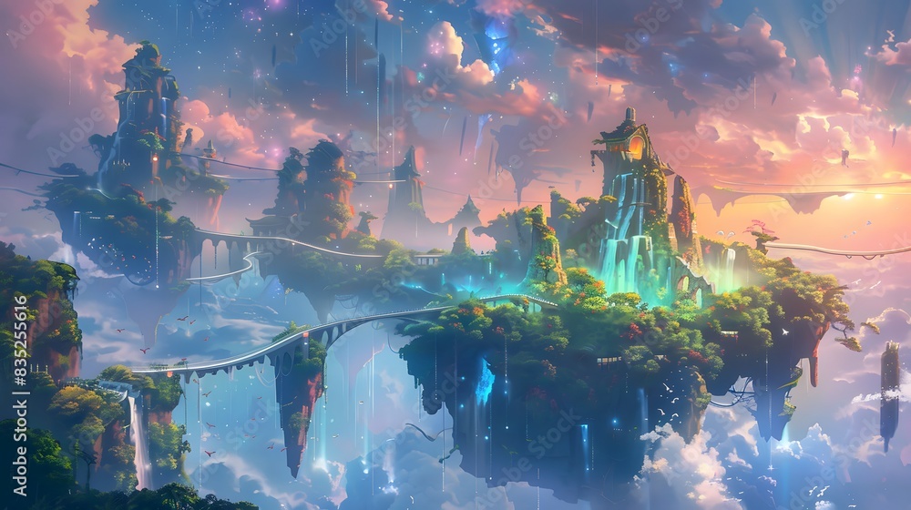 Create an illustration of a magical world featuring floating islands in ...