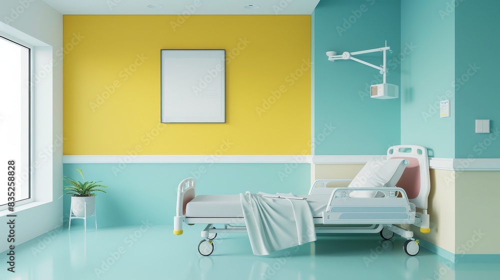 Hospital room with a single bed, a yellow wall, a turquoise wall, a ...