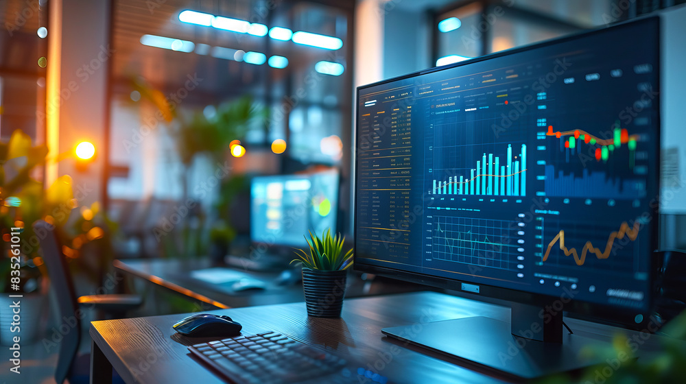 Office workspace with multiple computer monitors displaying financial ...