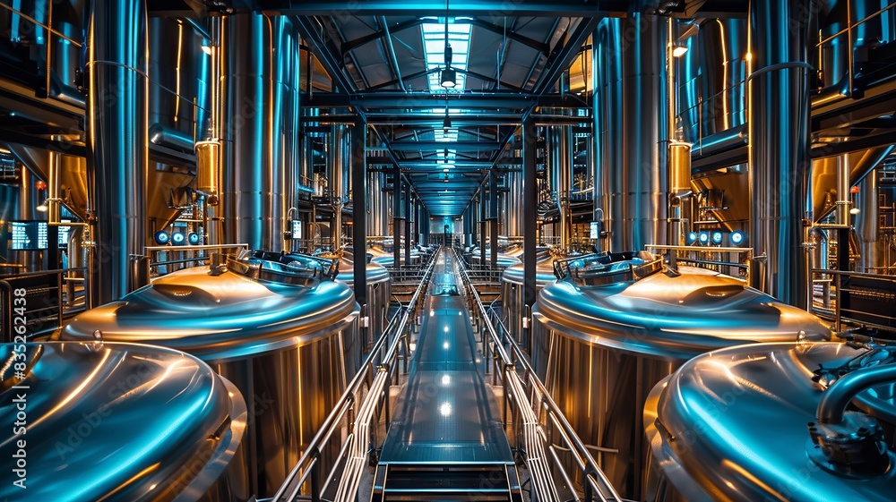 Inside a modern brewery showcasing gleaming metal vats and intricate ...