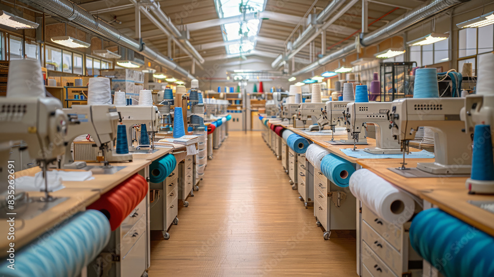 Industrial sewing room setup with rows of machines and organized fabric ...