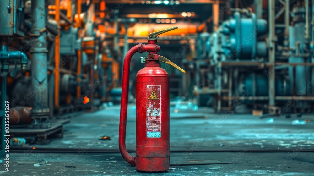 Worn red fire extinguisher in an industrial setting. Safety equipment ...