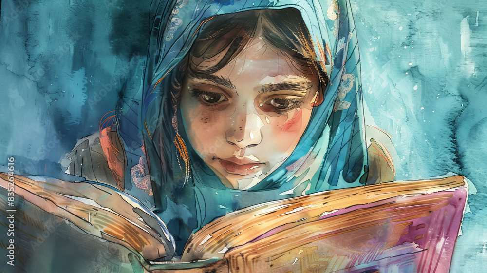 Young girl reading, watercolor portrait. Watercolor painting of a young ...