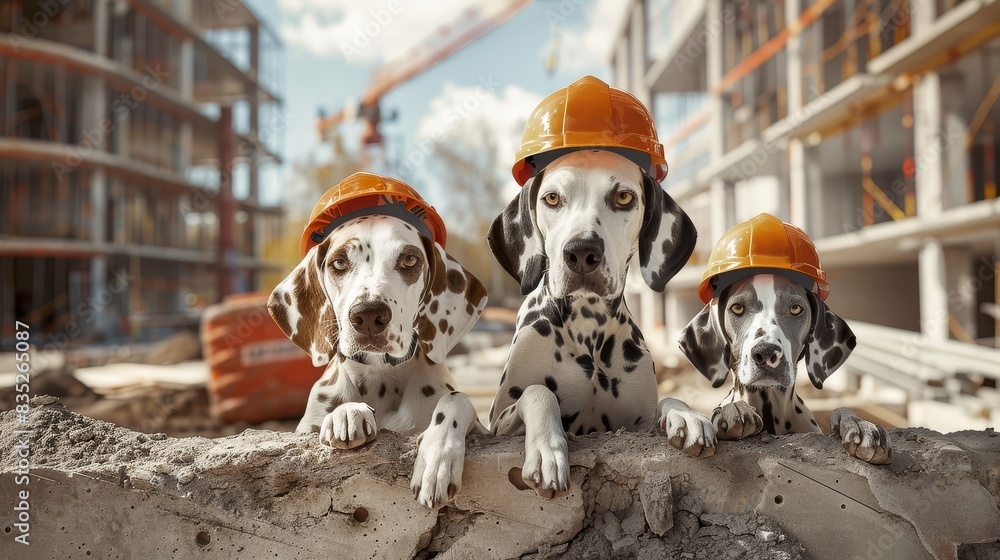Three Dalmatian dogs wearing construction helmets and hard hats ...