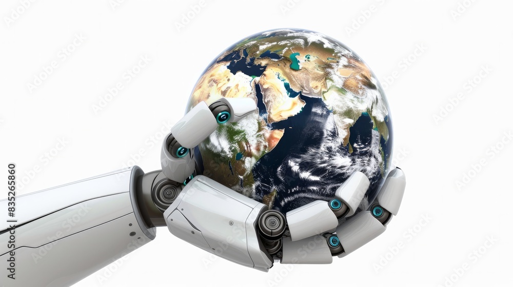 In a 3D rendering, a robot hand cradles planet Earth against a white ...
