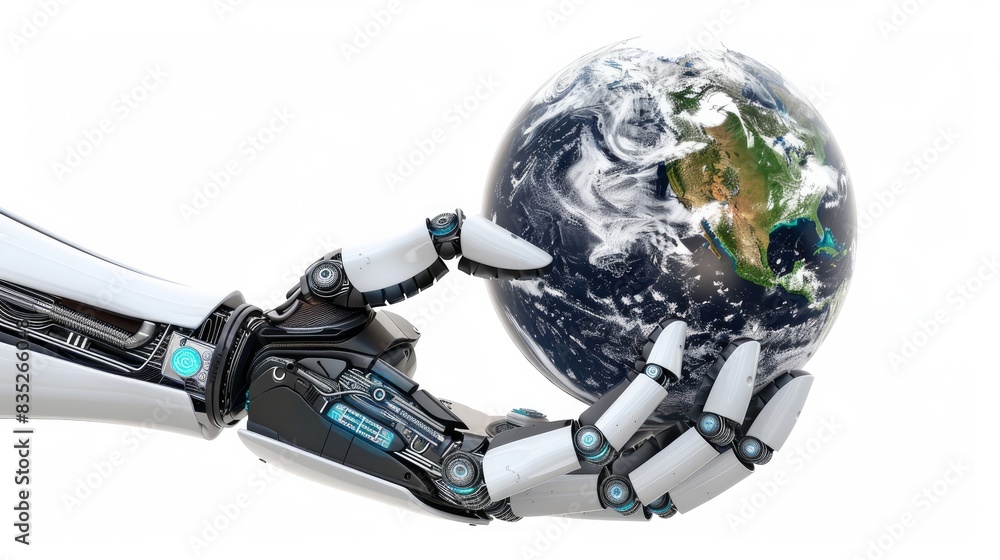 In a 3D rendering, a robot hand cradles planet Earth against a white ...
