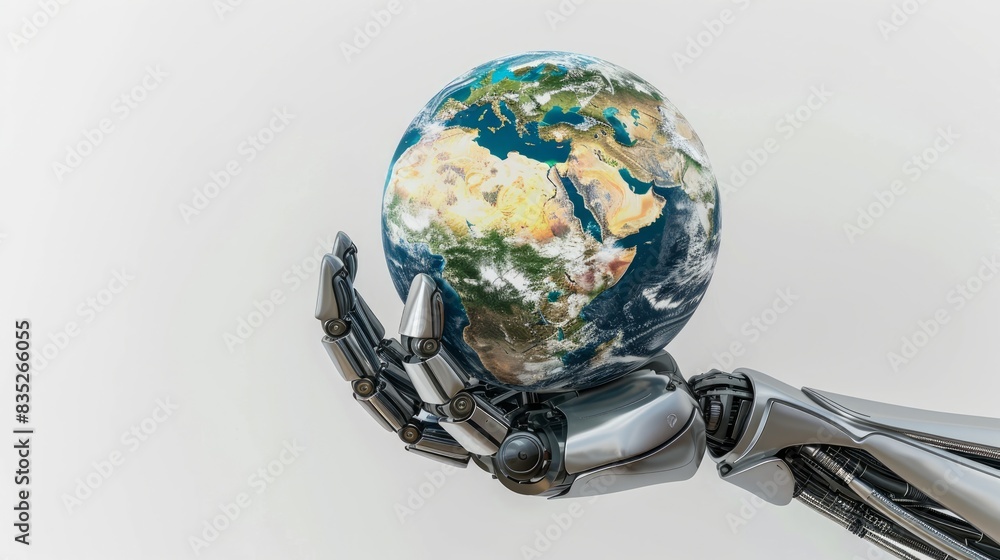 In a 3D rendering, a robot hand cradles planet Earth against a white ...