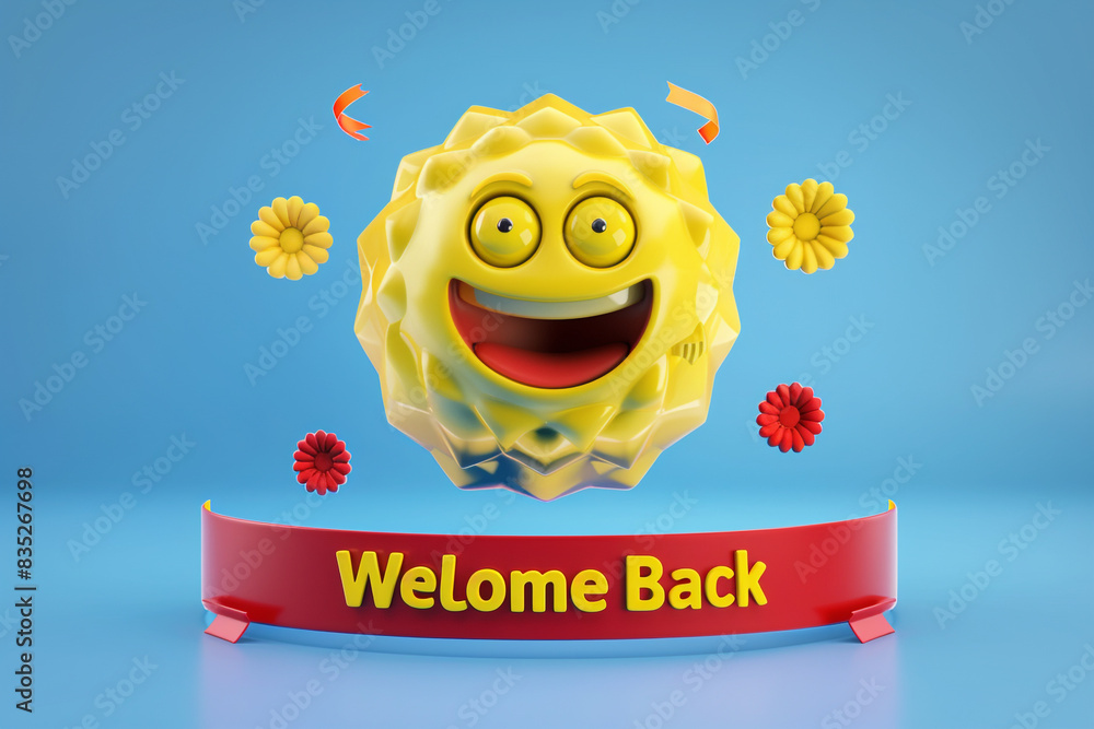 A brilliant sapphire blue backdrop for a 3D luxury yellow emoji, its ...