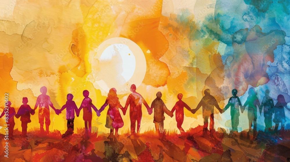 United we stand, a community holding hands. Vibrant watercolor of ...