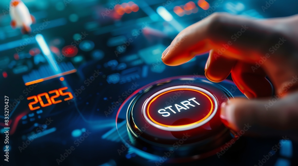 Futuristic scene with a hand pressing a start button on a high-tech ...