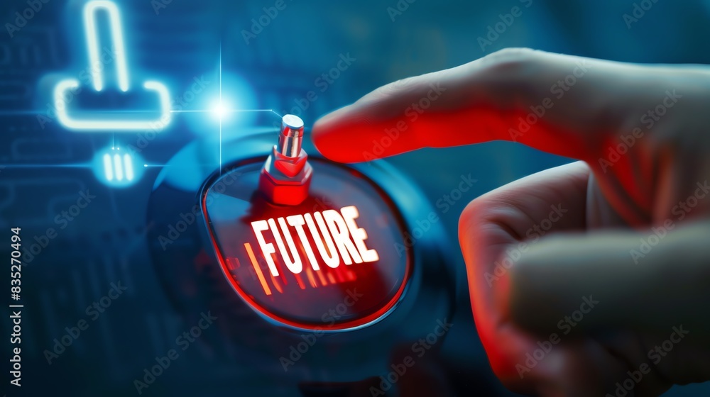 Hand pressing a button labeled 'Future' with glowing lights and ...