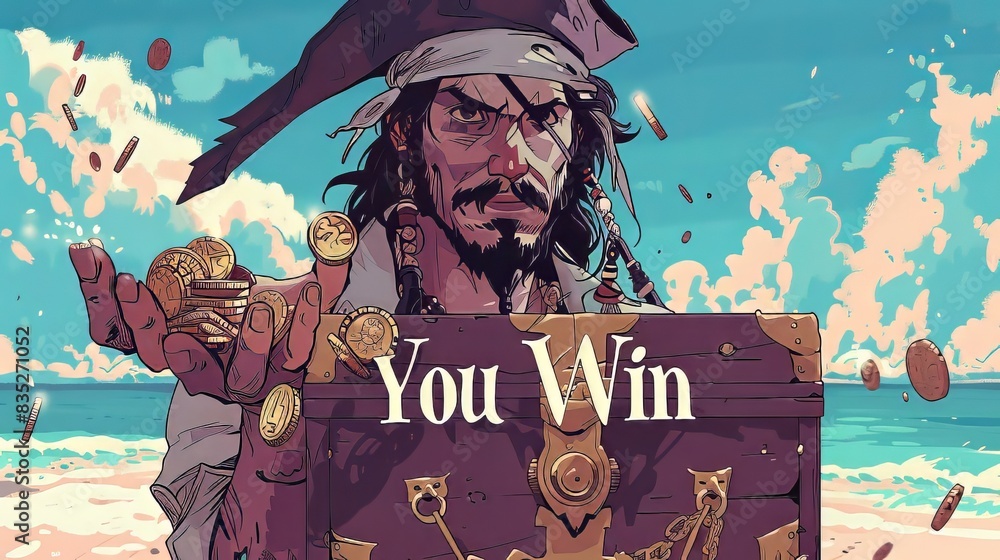 Cartoon Pirates on an Island Finding Treasure Chest with Text "You Win ...