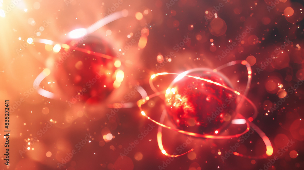 Red shiny atom colliding in a particle collider on a white background ...