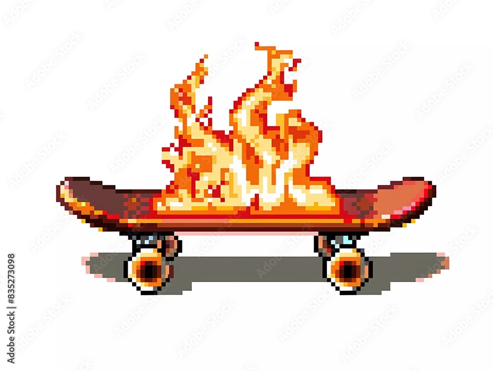 8-bit pixel flame skateboard, pixel art vector illustration. isolated ...