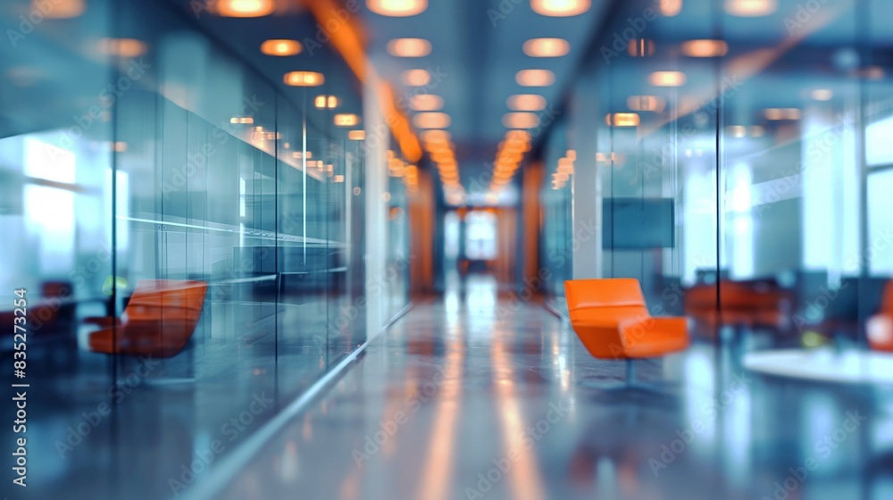 Modern office corridor with glass walls, polished floors, and orange ...