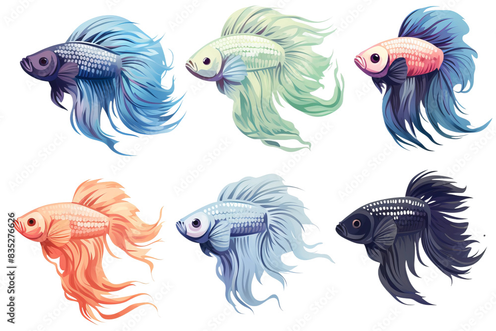 collection of various types of 2D betta fish avatars, plain white ...