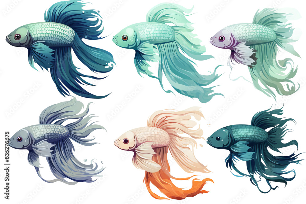 collection of various types of 2D betta fish avatars, plain white ...