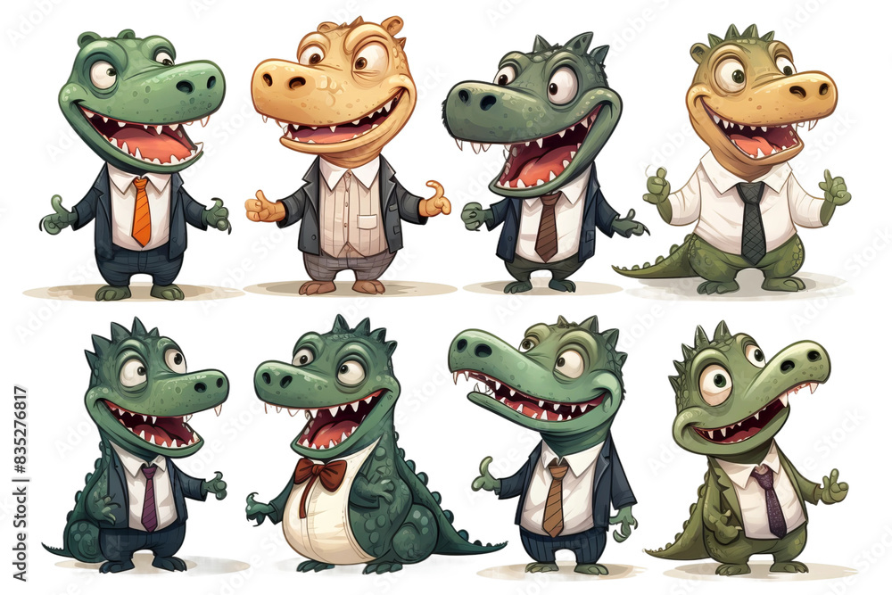 collection of various types of 2d crocodile avatars, plain white ...