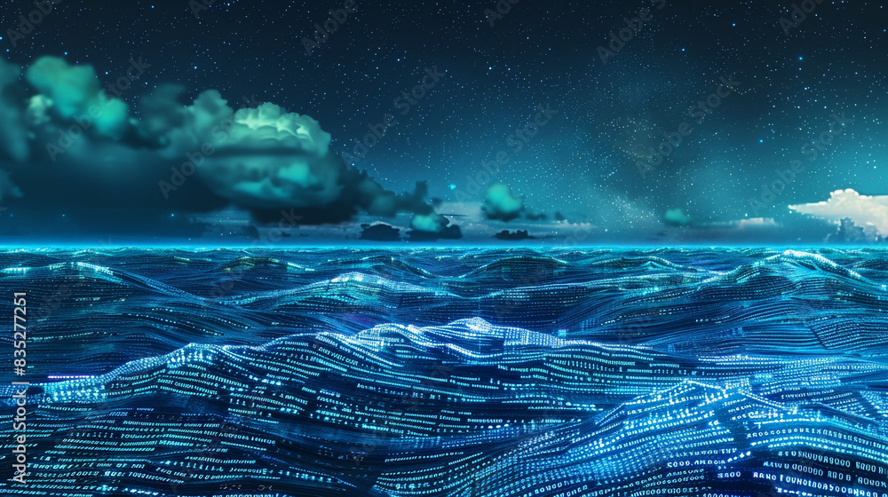 An expansive, digital ocean with waves composed of binary code ...