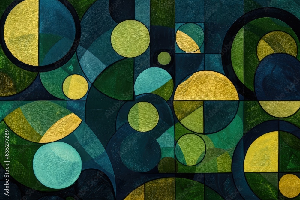 Interlocking geometric shapes in muted shades of green and blue ...