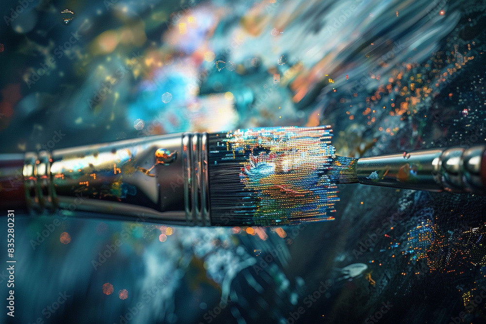 Double exposure of an artist's paintbrush touching canvas, merging into ...