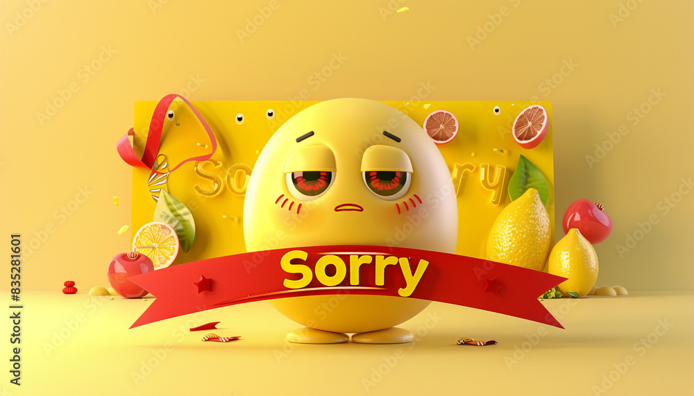 Design a 3D luxury yellow emoji looking apologetic, under a red ribbon ...