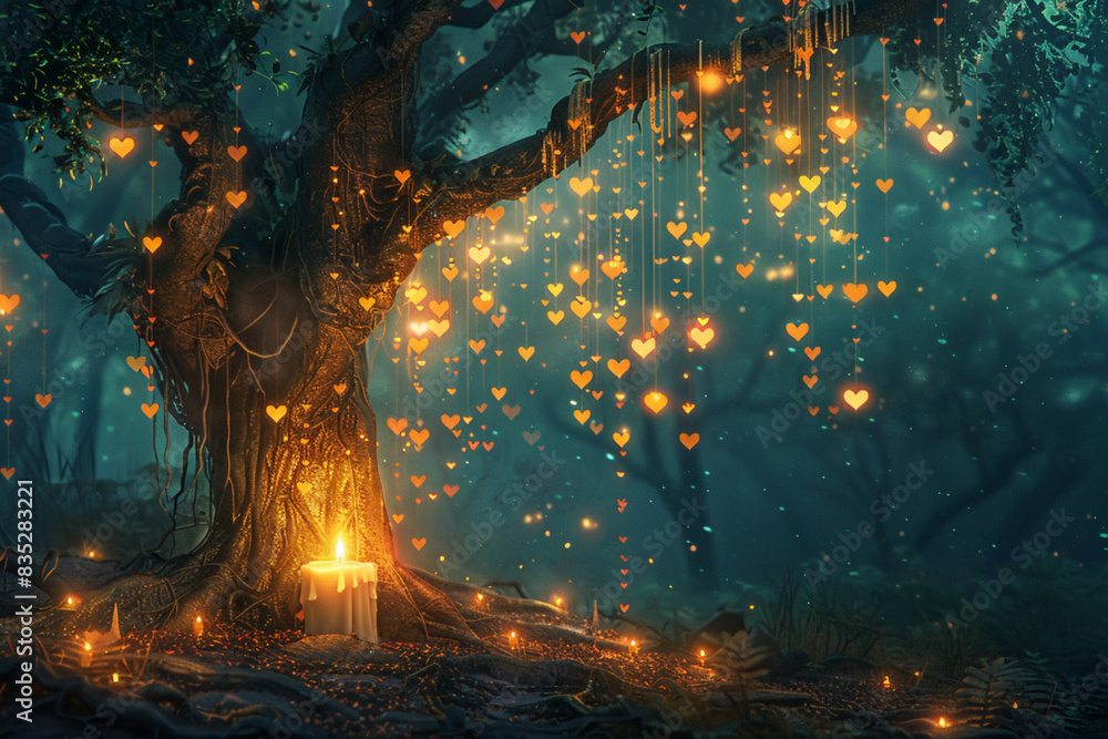 Create an image of a lit candle tree with branches spreading wide, each ...