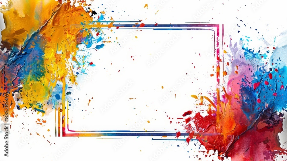 Colorful abstract frame with vibrant paint splatters on white ...