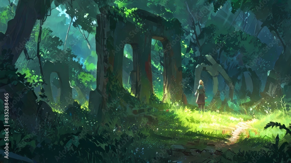 Ancient ruins overgrown with lush forest Anime style illustration, flat ...