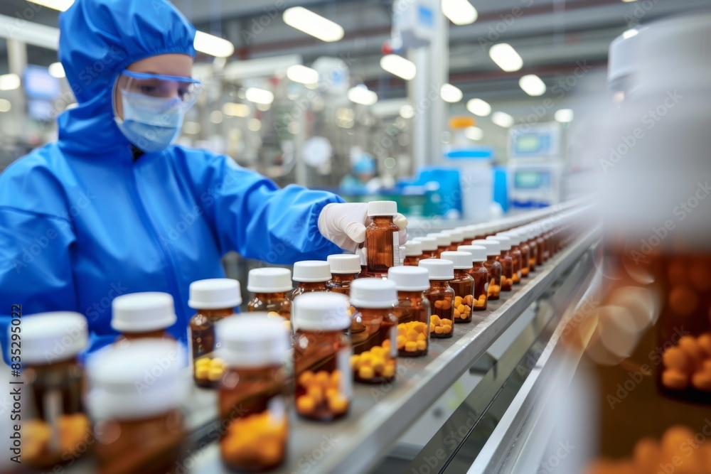 Person in blue sterile suit is handling medication bottles on a fast ...