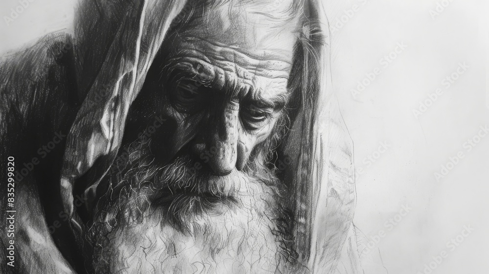 prophet Isaiah, bible, Charcoal pencil drawing, white background, 16:9 ...