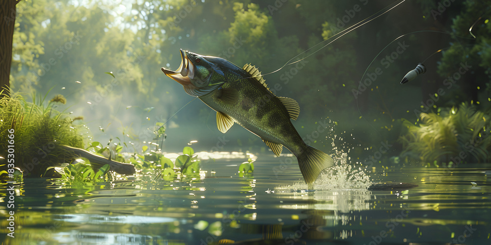 ภาพประกอบสต็อก Bass fish jumping out of river water ,Big black bass ...