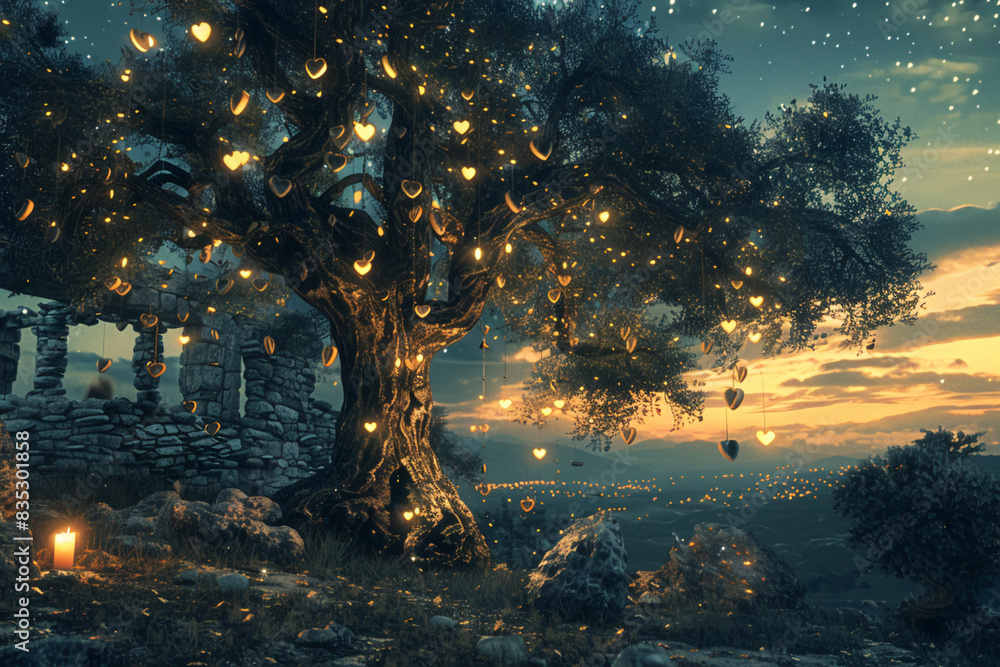 Design a scene featuring a candle shaped like an enchanted olive tree ...