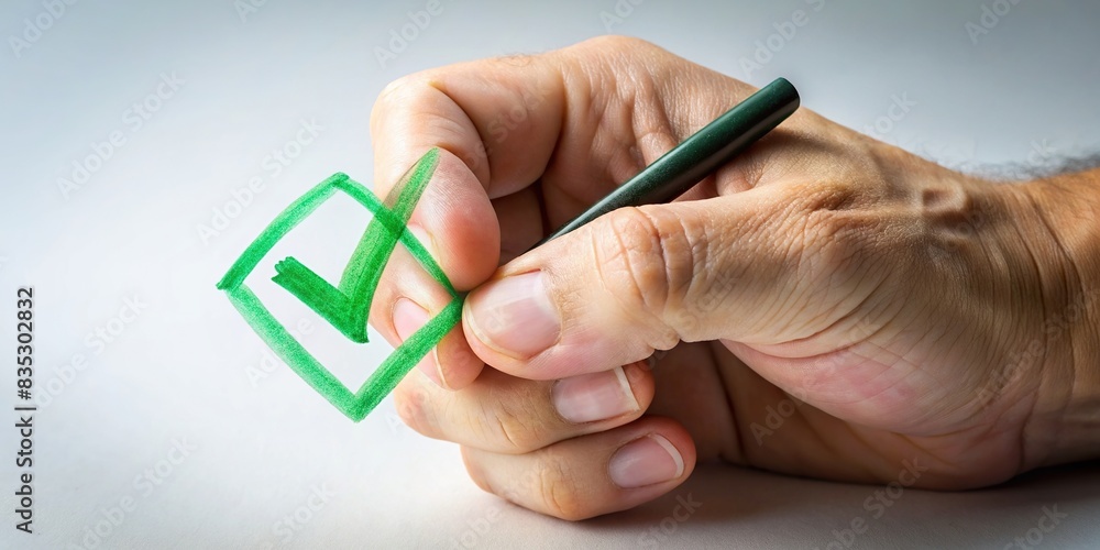 Close up of a hand with a check mark symbol drawn on it , achievement ...