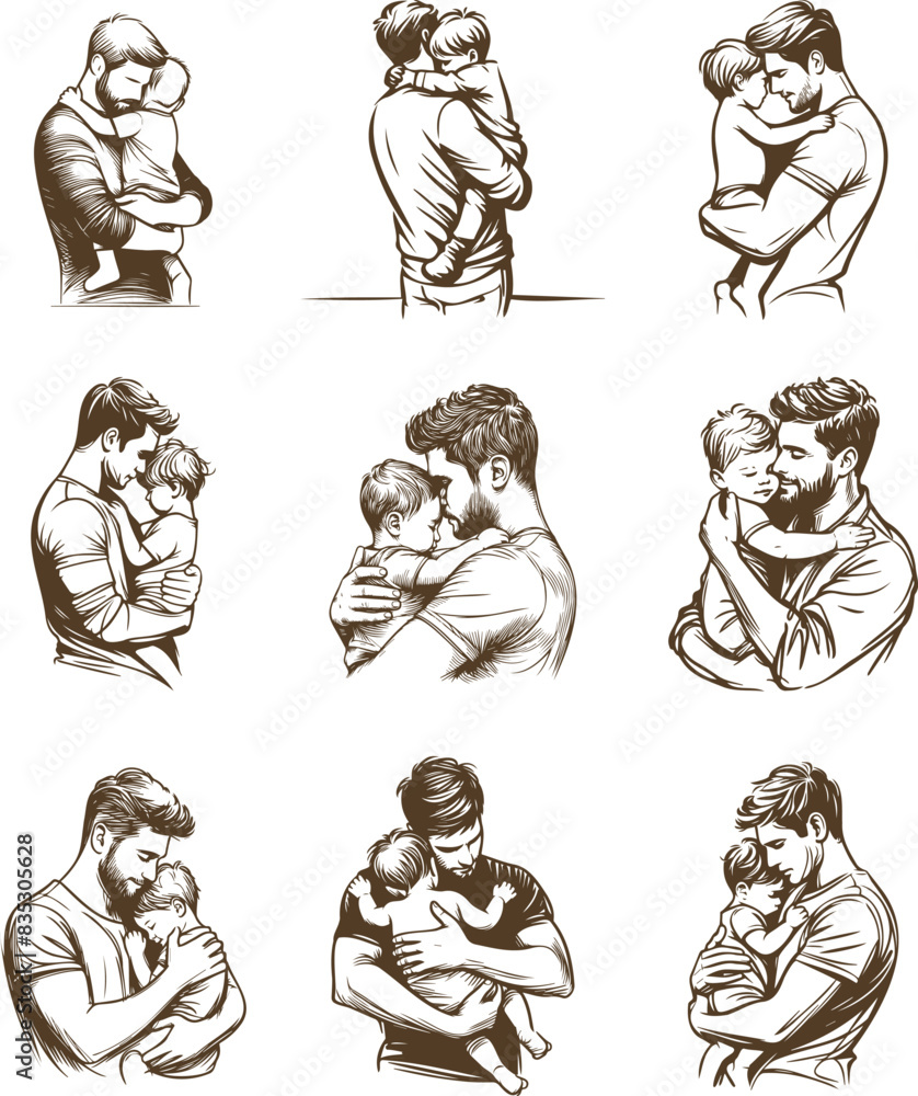 vector line sketch drawing of a father hugging her child Stock Vector ...