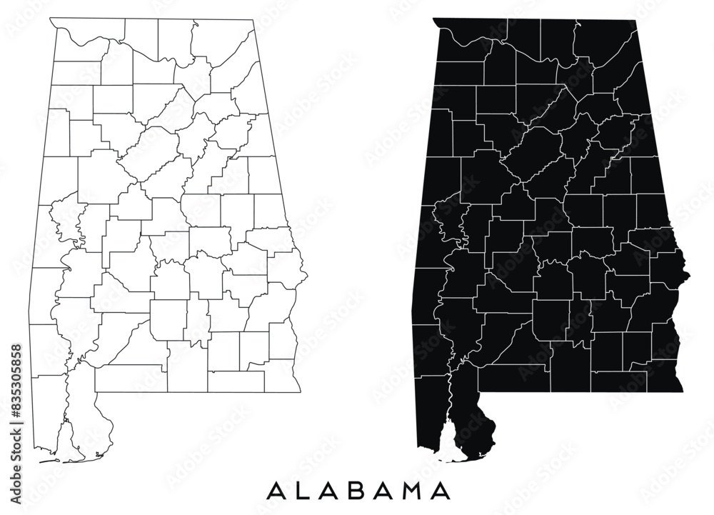 Alabama state map of regions districts vector black on white and ...