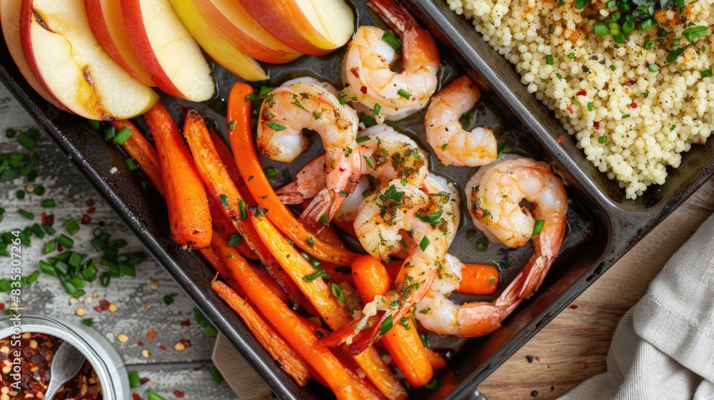 individual meal plan with shrimp, couscous, roasted carrots, and apple ...