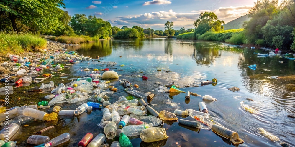 Polluted water in a river with plastic bottles floating, pollution ...