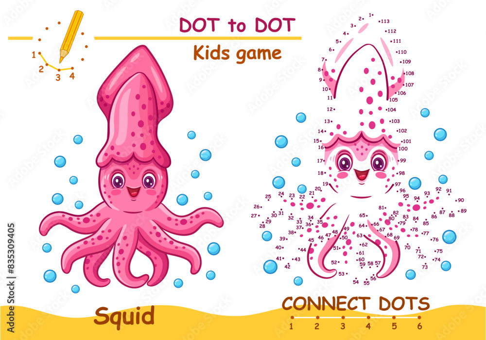 Cute squid octopus or cuttlefish, connect dots numbers children ...