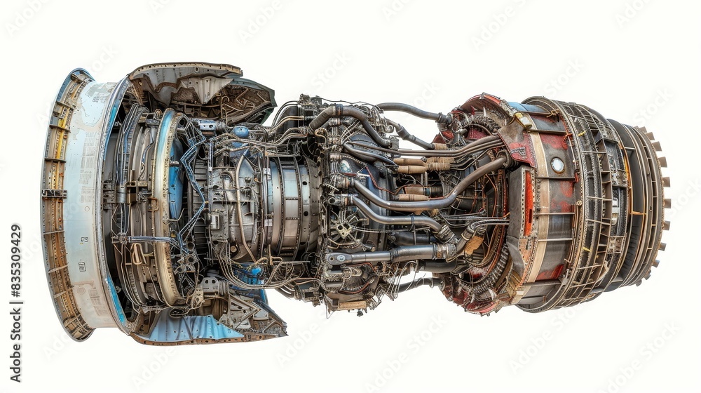 Cutaway of a jet engine, revealing the intricate and precise ...