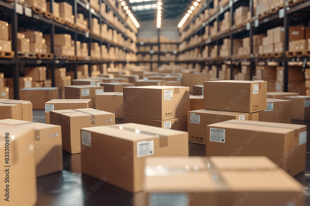 Retail warehouse with cardboard boxes. Product distribution center with ...