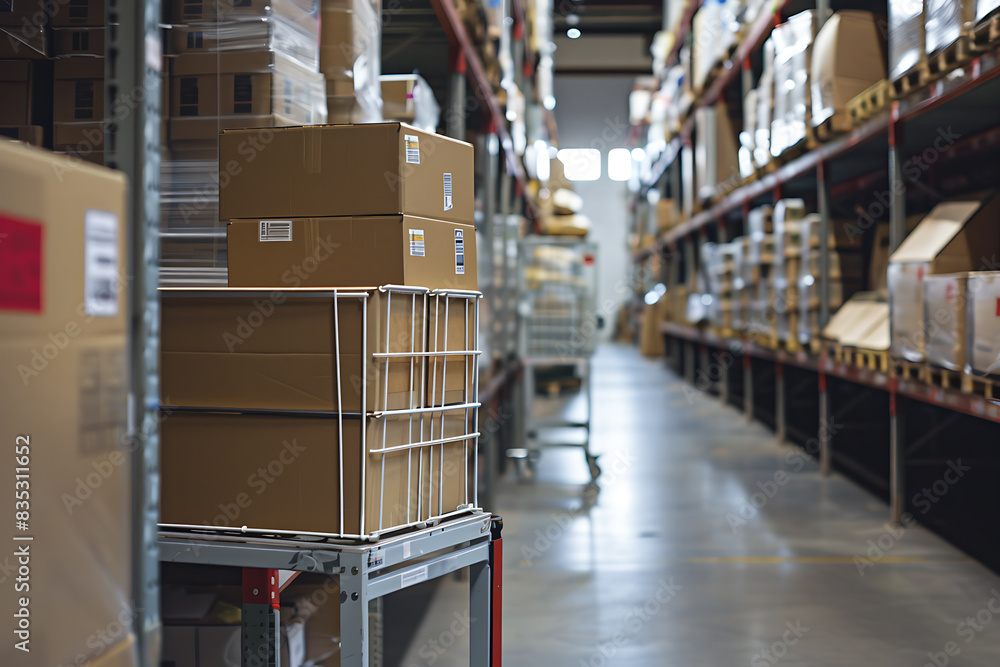 Retail warehouse with cardboard boxes. Product distribution center with ...