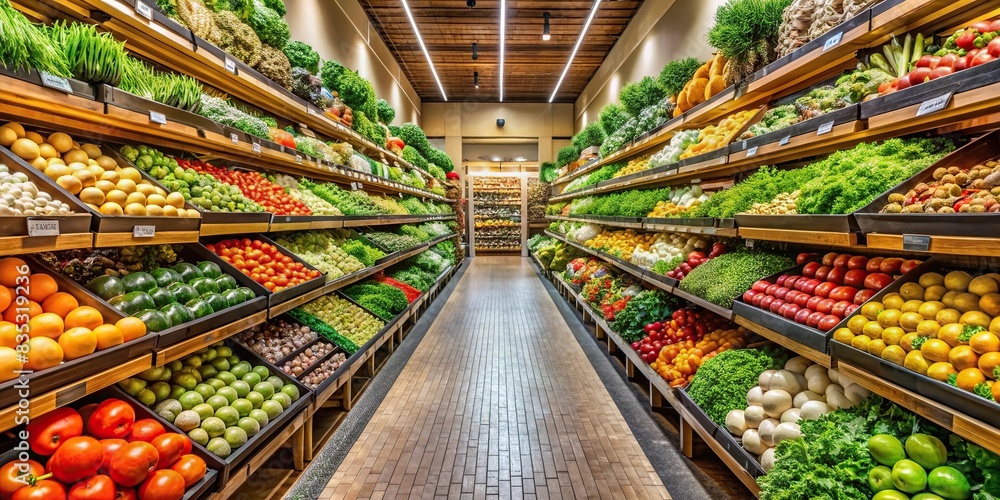 Organic grocery store aisle filled with fresh produce and products ...