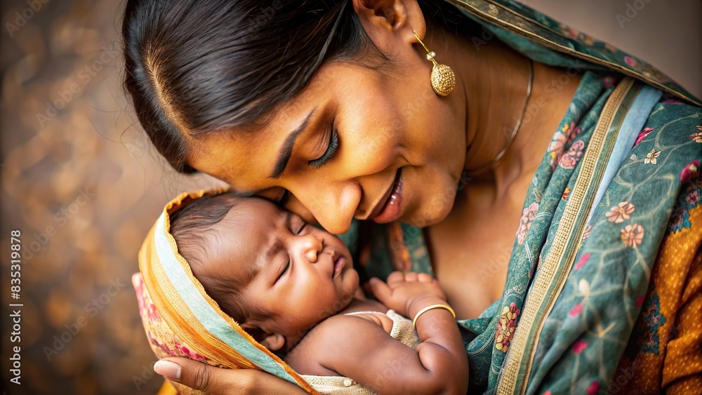 Soft focus image of a traditional Indian mother embracing her newborn ...