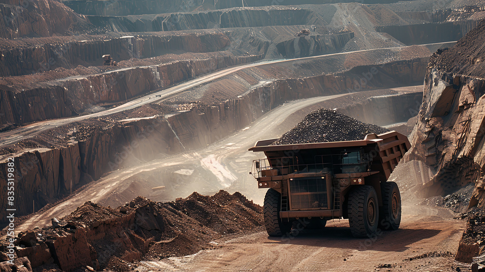 Hauling ore in a huge dump truck over the terraced paths of a deep open ...