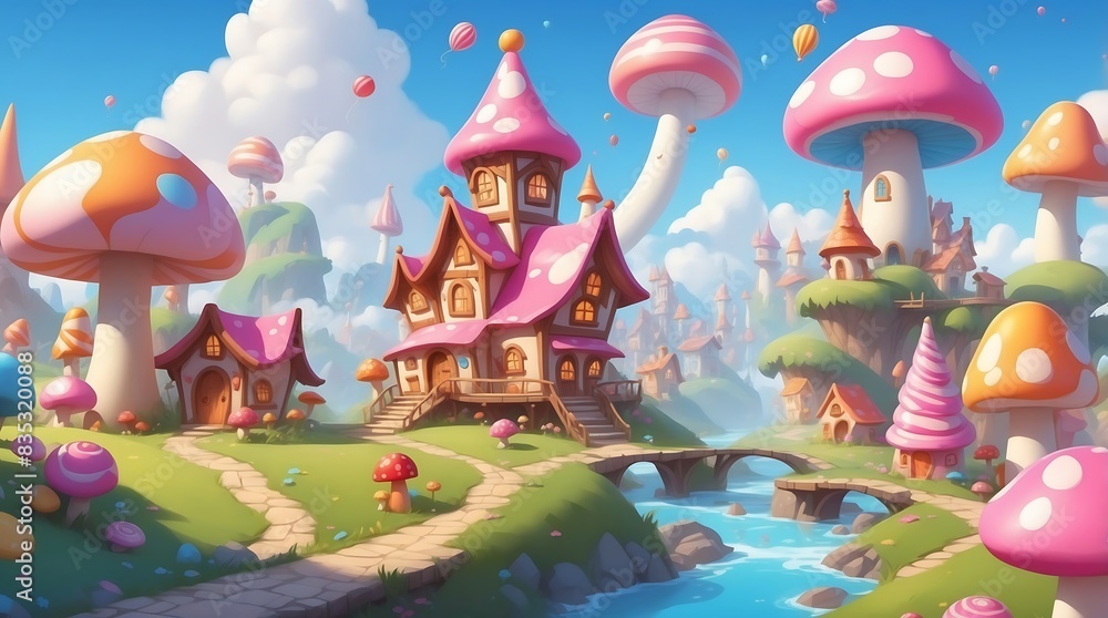 Candy land world with sweet game landscape vector. Fantasy magic pink ...