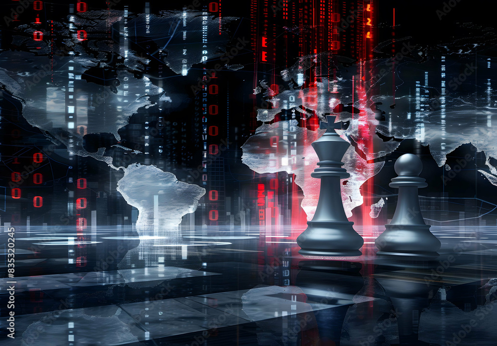 Geopolitics concept image with two chess pieces on a world map ...