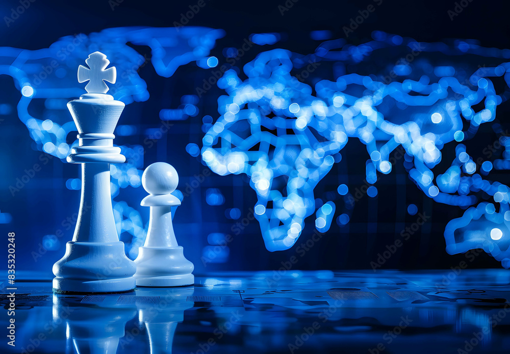 Geopolitics concept image with two chess pieces on a world map ...